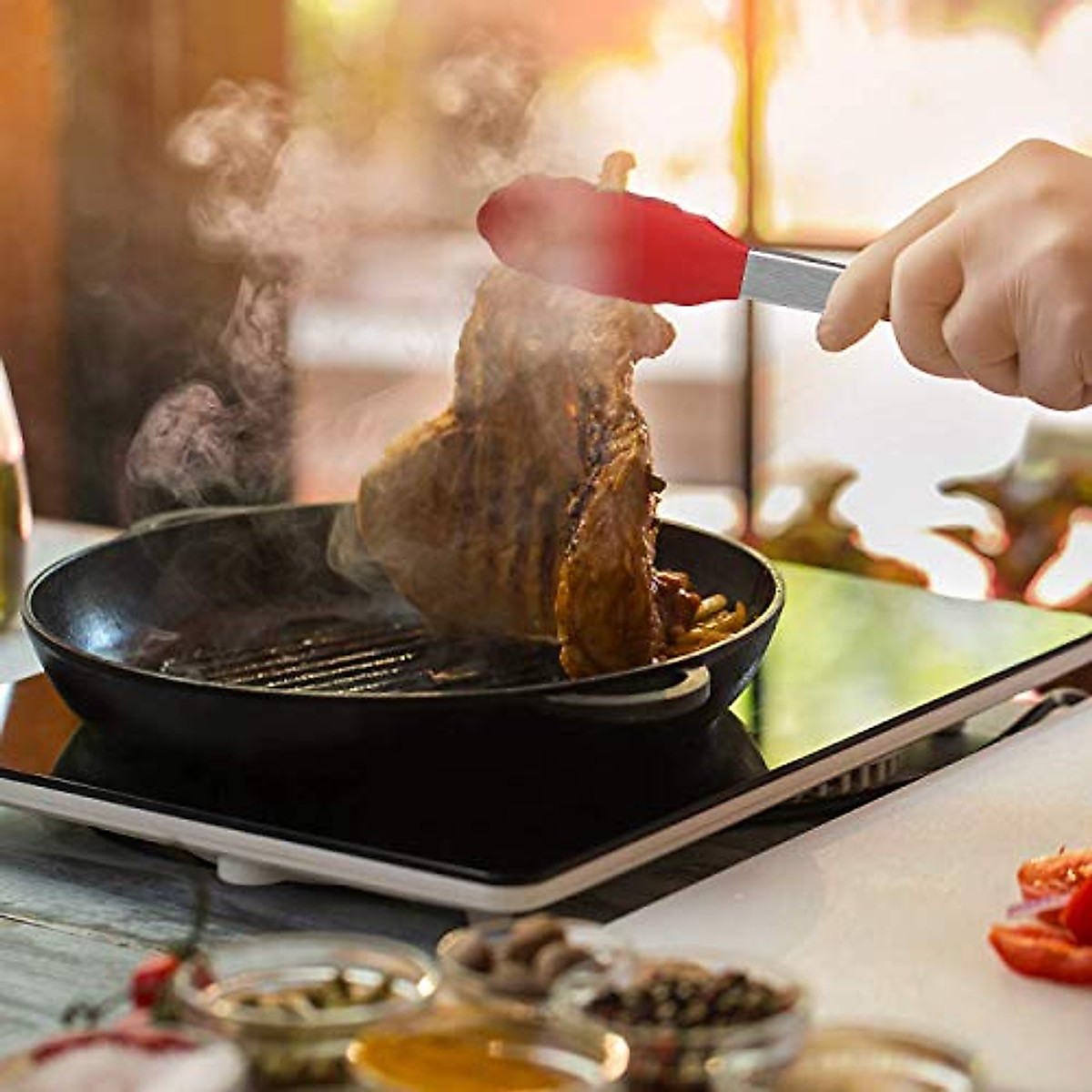 Kaluns Kitchen Tongs for Cooking, Non Stick Silicone Tip Stainless Steel Tongs, Set of Four 7,9, and 12 Inch Tong Plus Silicone Spatula Non-stick, Heat Resistant Serving Utensils