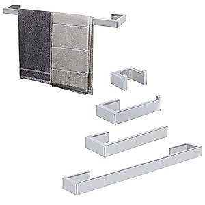 TocTen 24 Inch Bath Towel Rack + 4-Pcs Bathroom Hardware Set Stainless Steel Square Towel Rack Set - Include 16 Inch Towel Bar, Hand Towel Holder, Toilet Paper Holder, Robe Hook(Polish Chrome)