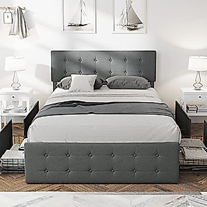 IDEALHOUSE Full Bed Frame with 4 Storage Drawers and Adjustable Headboard,Modern Grey Upholstered Bed