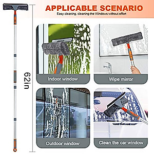 Professional Window Squeegee Cleaner, 2 in 1 Shower Squeegee with Extension Pole, 62‘’ Telescopic Window Washing Equipment with Bendable Head, Glass Cleaning Tools for Indoor/Outdoor High Window