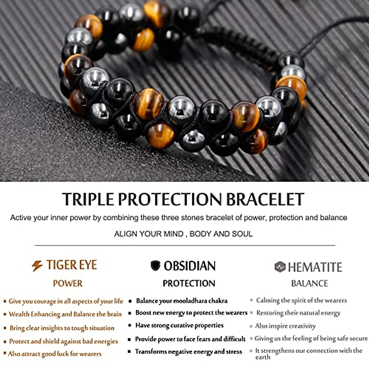 HASKARE Triple Protection Bracelet, Genuine Tigers Eye Black Obsidian and Hematite 8mm Beads Bracelet for Men Women, Crystal Jewelry Stone Bracelets Bring Luck and Prosperity and Happiness