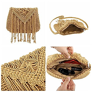 Ayliss Women Handwoven Crossbody Handbag Cotton Crochet Woven Shoulder Handbag Summer Beach Handmade Purse Bag Tassel (Light Khaki)