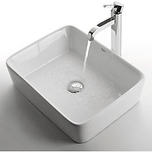 KRAUS 19-inch Modern Rectangular White Porcelain Ceramic Bathroom Vessel Sink and Ramus Faucet Combo Set with Pop-Up Drain, Chrome C-KCV-121-1007CH