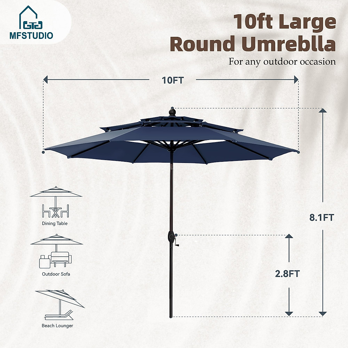 MFSTUDIO 6 Pieces Outdoor Patio Dining Set for 4 with Umbrella, Patio Square Metal Table and Rattan Chairs of 4 with Umbrella, Outdoor Patio Wicker Dining Furniture Set with 10ft Umbrella (Navy Blue)