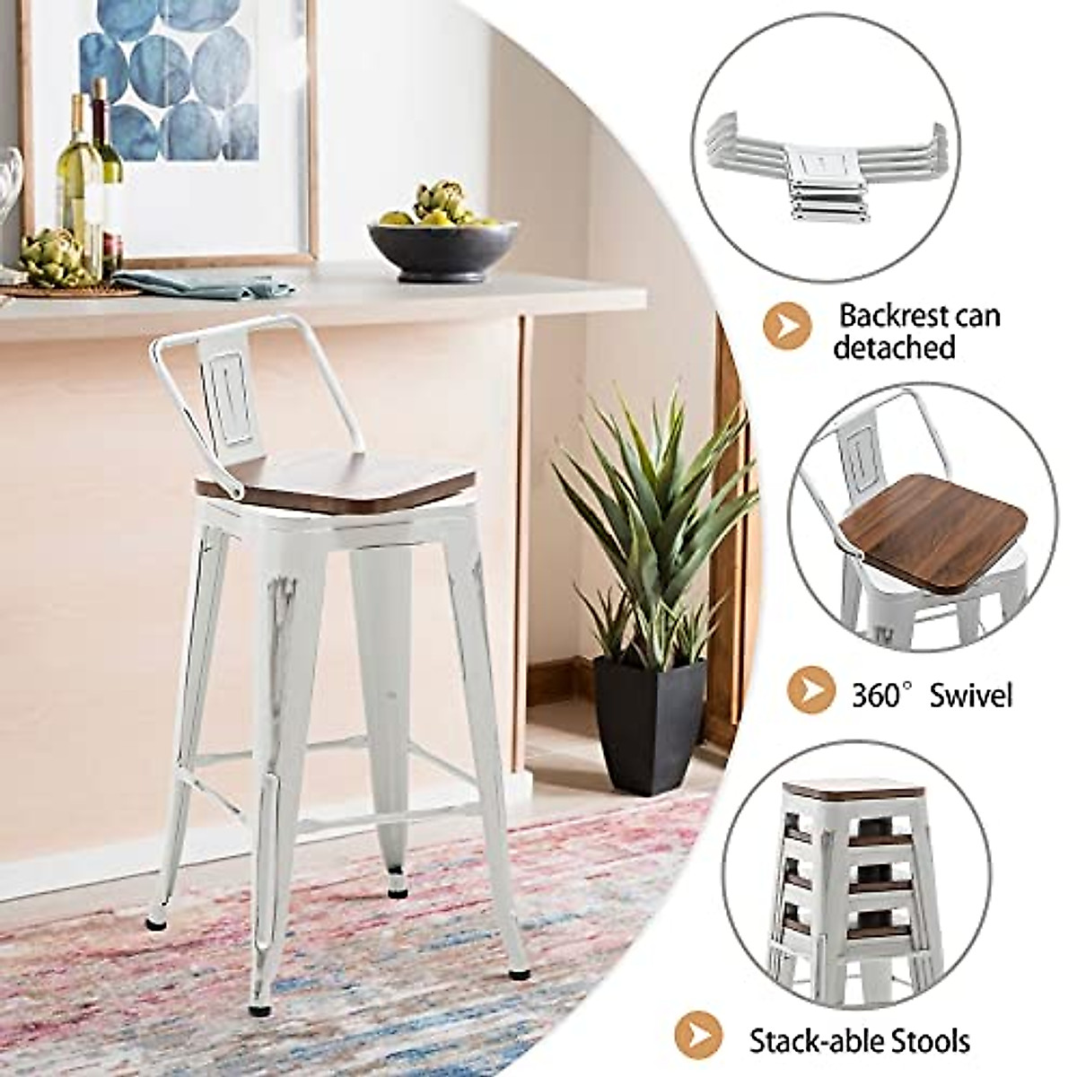 Andeworld 24 Inch Swivel Bar Stools Set of 4 Counter Height Stools Industrial Metal Barstools (24 inch, Distressed White)