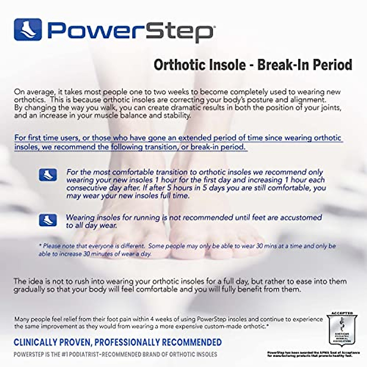 Powerstep Bridge Adaptable Arch Support Insoles, Comfort Memory Foam Inserts, Plantar Fasciitis Relief, Blue & White, Men 4-5.5, Women 5-6.5