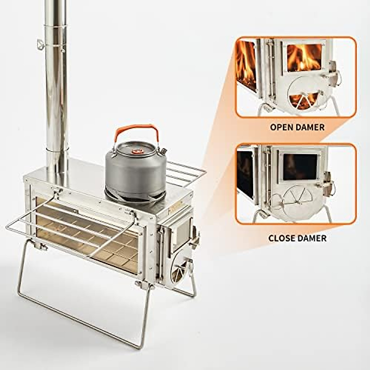 XCMAN Camping Tent Wood Stove with 6 Section Chimney Pipes,Three-View Windows Portable Wood Stove, Ice Fishing Shelters, Hunting, Outdoor Cooking Heavy Gauge 304 Stainless Steel