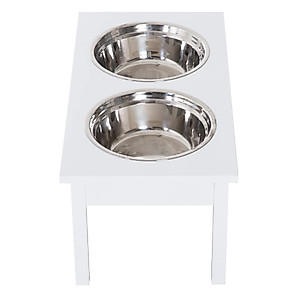 PawHut 23" Wooden Heavy Duty Dog Food Bowls Pet Elevated Feeding Station -White
