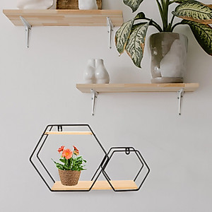 Uonlytech Hexagonal Storage Rack Metal Wall Shelf Wood Wall Shelves Hexagon Shelves for Wall Floating Shelves for Plants Metal Shelf Metal Floating Shelf Wall Shelves Wood Wall Shelving