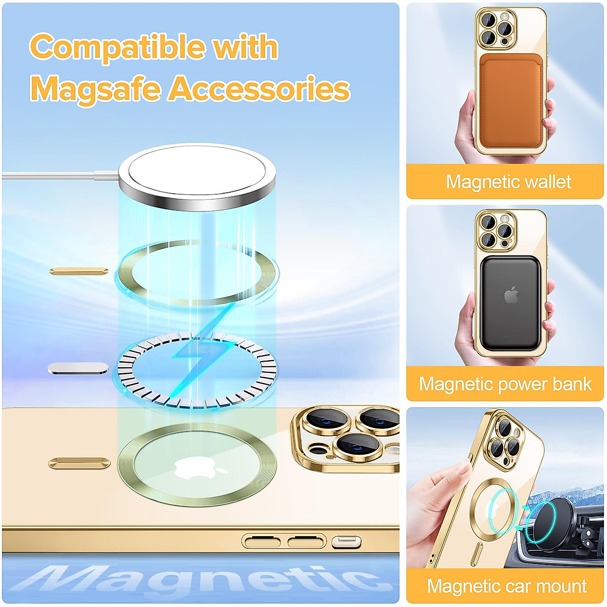 Hython Magnetic Clear for iPhone 13 Pro Max Case with Camera Lens Protector [Compatible with MagSafe] Plating Edge Slim Soft TPU Cover Protective Phone Case for iPhone 13 Pro Max 6.7", Gold