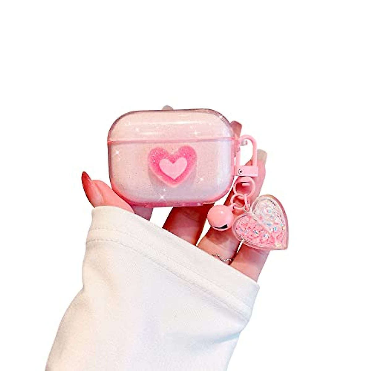 Ownest Compatible with AirPods Case, Cute 3D Heart Clear TPU Shockproof Cover Case Glitter with Bell Keychain for Women Girls for AirPods 3rd Generation 2021-Pink
