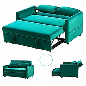 Gynsseh Convertible Sleeper Sofa Bed, 3 in 1 Pull Out Sofa Sleeper with Pillows and Side Storage Pocket, Soft Velvet Love Seat Lounge Sofa Bed for Living Room, Teal, from Twin to Full Size