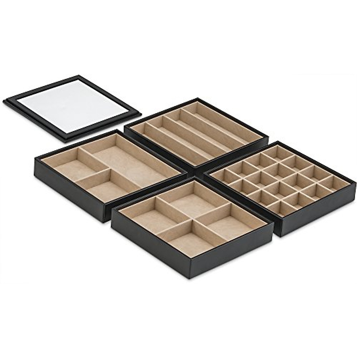 Glenor Co Jewelry Organizer Tray - 4 Stackable Trays & Lid with Mirror - 27 Slot Storage for Drawer, Dresser - Black