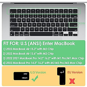ProElife Keyboard Cover Skin for 2023 MacBook Air 15 inch M2 A2941 / MacBook Pro 14 16 inch M3 M2 Pro/Max A2918 A2992 A2991 A2779 A2780 US Enter (ANSI) Silicon Keyboard Protector Accessory (Black)