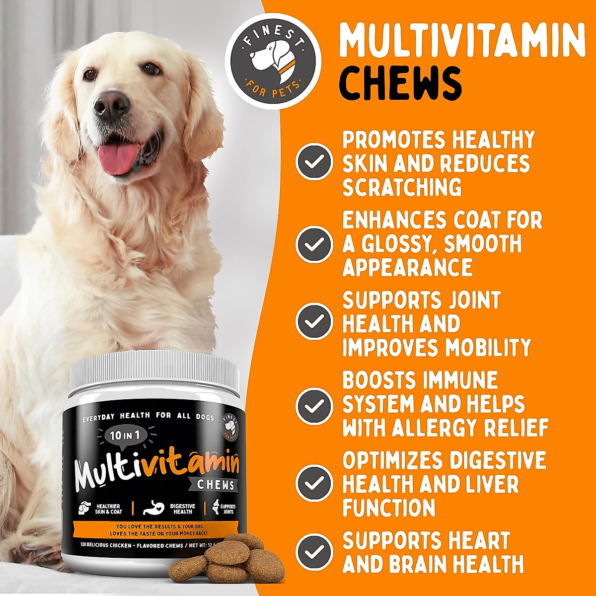 Dog Multivitamin Chewable Treats - Pet Vitamins and Supplement, 10-in-1 Multivitamin for Dogs, Supports Joints, Hip, Bowel, Muscle Health, with Glucosamine and Omega Fish Oil (120 Chews)