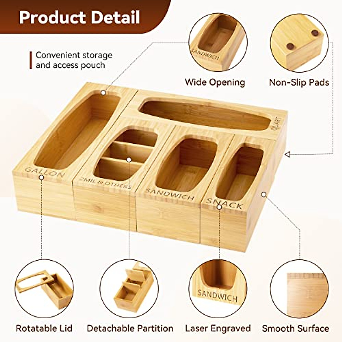 Art Secret Food Storage Bag Organizer Holder, Bamboo Storage Dispenser, Sandwich Bag Organizer for Gallon, Quart, Sandwich, Snack Variety Size Bag - Set of 5