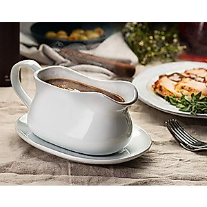 Kook Gravy Boat & Saucer, Ceramic Serving Dish, Dispenser with Tray for Sauces, Dressings and Creamer, Large Handle, Microwave and Dishwasher Safe, 17 oz, White