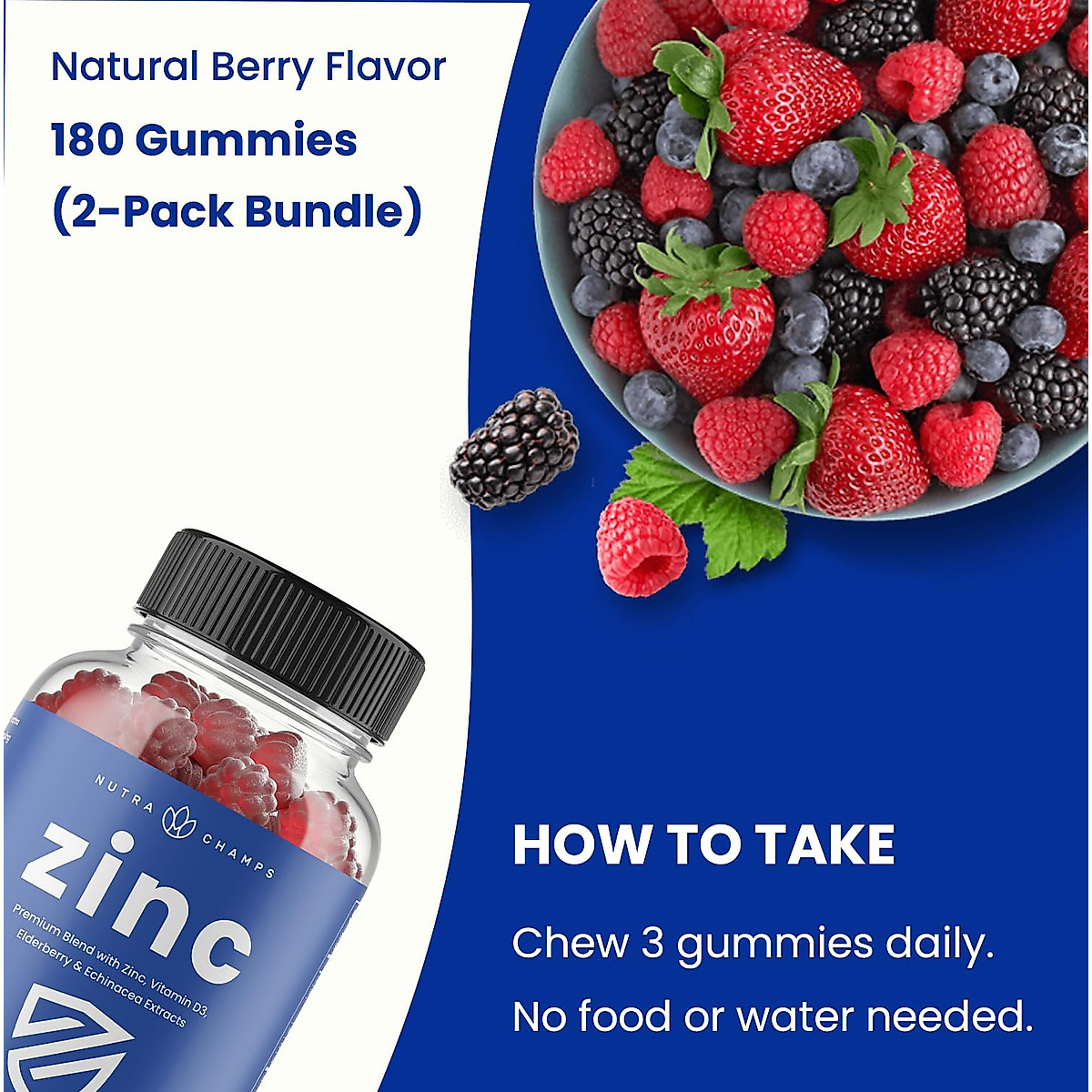 Zinc Gummies | 4-in-1 Zinc Gummies Adult | Zinc Chewable 50mg | Chewable Zinc Supplement Gummies with Vitamin D3 2000 IU, Elderberry & Echinacea | Immune, Heart & Brain Support | 180 Count (2 Pack)