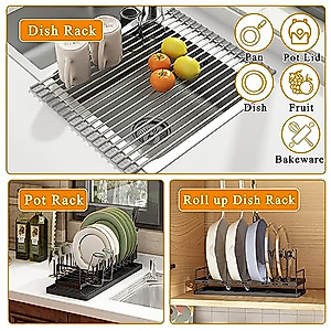 GILLAS 3 Pack Dish Drying Rack & Pot and Pan Organizer & Over The Sink Roll up Dish Drying Rack, 3 in 1 Roll-Up Dish Plates Rack Holder for Kitchen Sink, for Dishes, Knives, Spoons, and Forks, Black