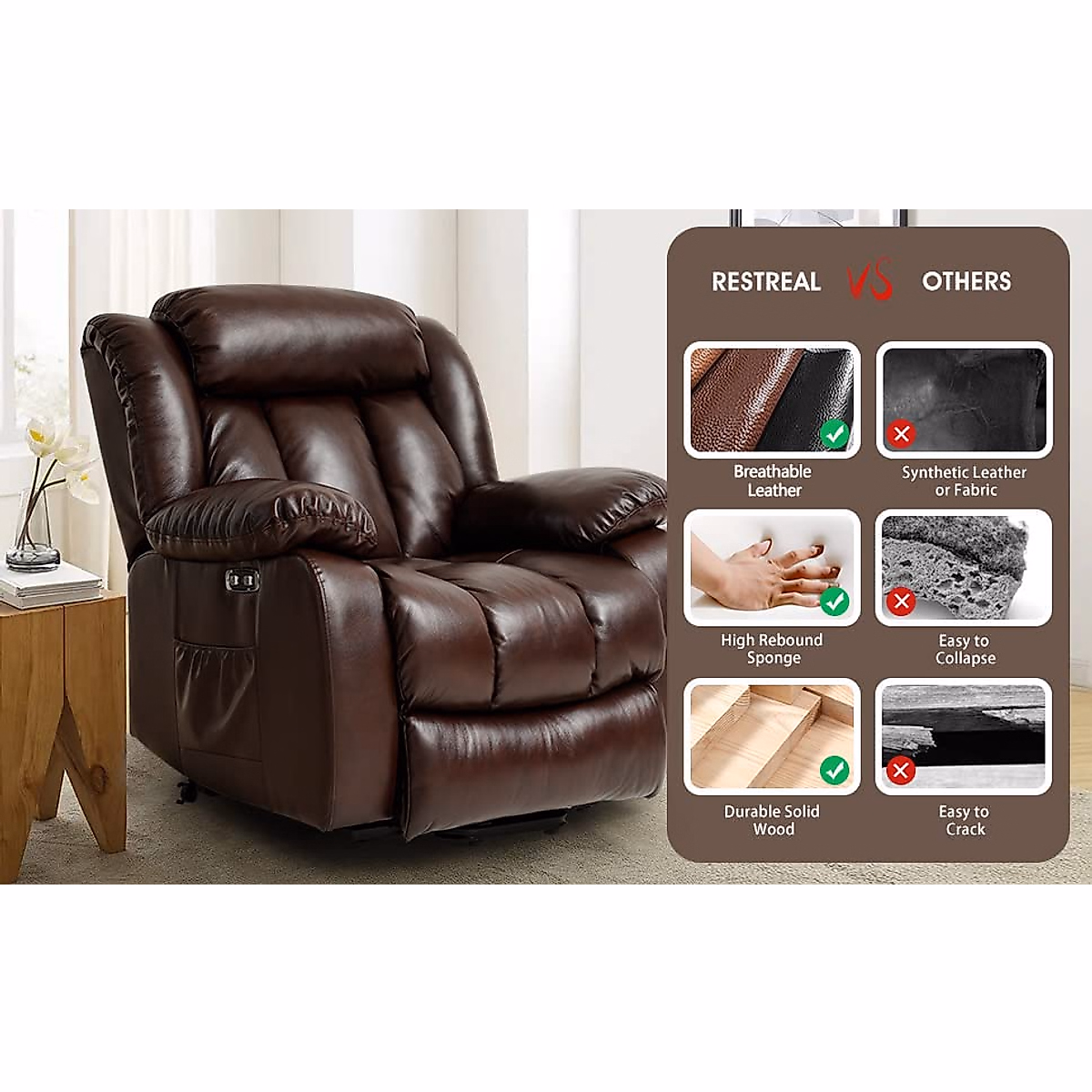 COOSLEEP Lay Flat Sleeping Dual OKIN Motor Lift Chair Recliners for Elderly with Heat and Massage Up to 350 LBS,Breathable Leather with Breathable microporous,USB Ports (Brown)