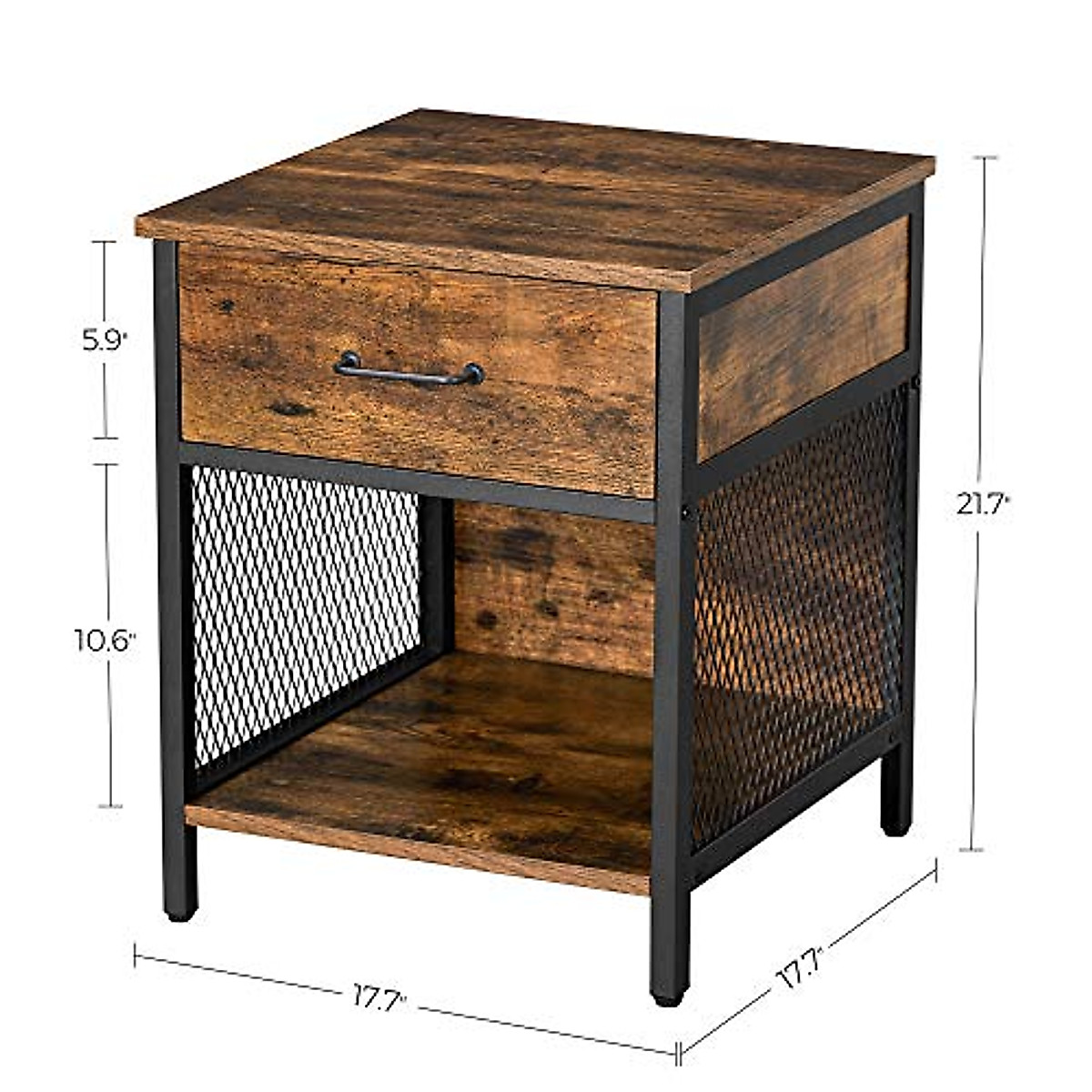VASAGLE VINCYER Nightstand, Bedside Table, with 1 Drawer and Open Compartment, Steel Frame, Industrial, 17.7 x 17.7 x 21.7 Inches, Rustic Brown