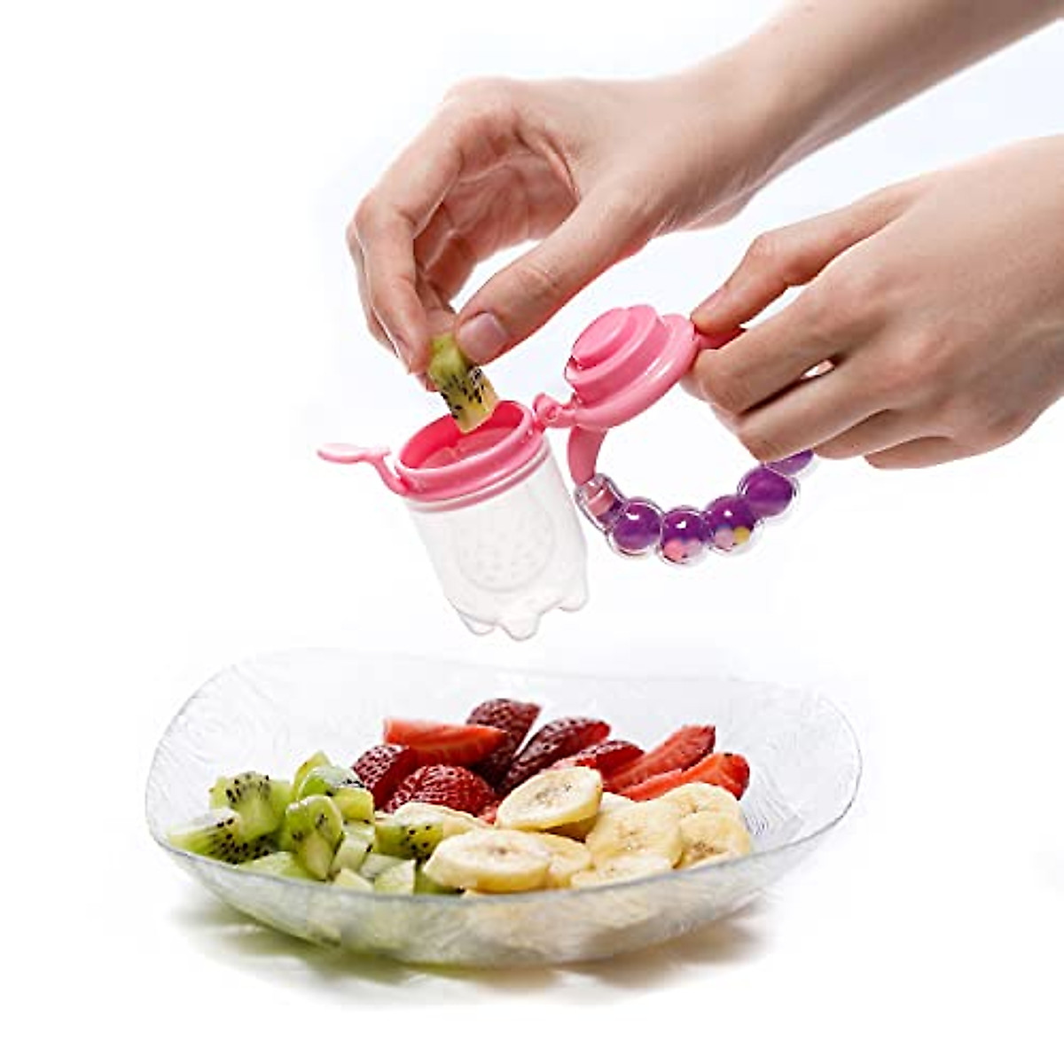Gedebey Baby Fruit Feeder Pacifier - 3 Pack | 2 Silicone Baby Feeder Pacifiers & 1 Baby Feeding Spoon | Frozen Fruit Teether | Forage Feeder | Food Pacifier for Babies | Baby Food Spoon (Pink)