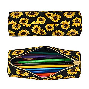 Sunflower Cylinder Pencil Case Holder Zipper Pen Bag Pouch Stationery Cosmetic Bag