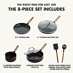 GreenPan Hudson Healthy Ceramic Nonstick, 8 Piece Cookware Pots and Pans Set, Vintage Wood Inspired Handle, PFAS-Free, Dishwasher Safe, Merlot Red