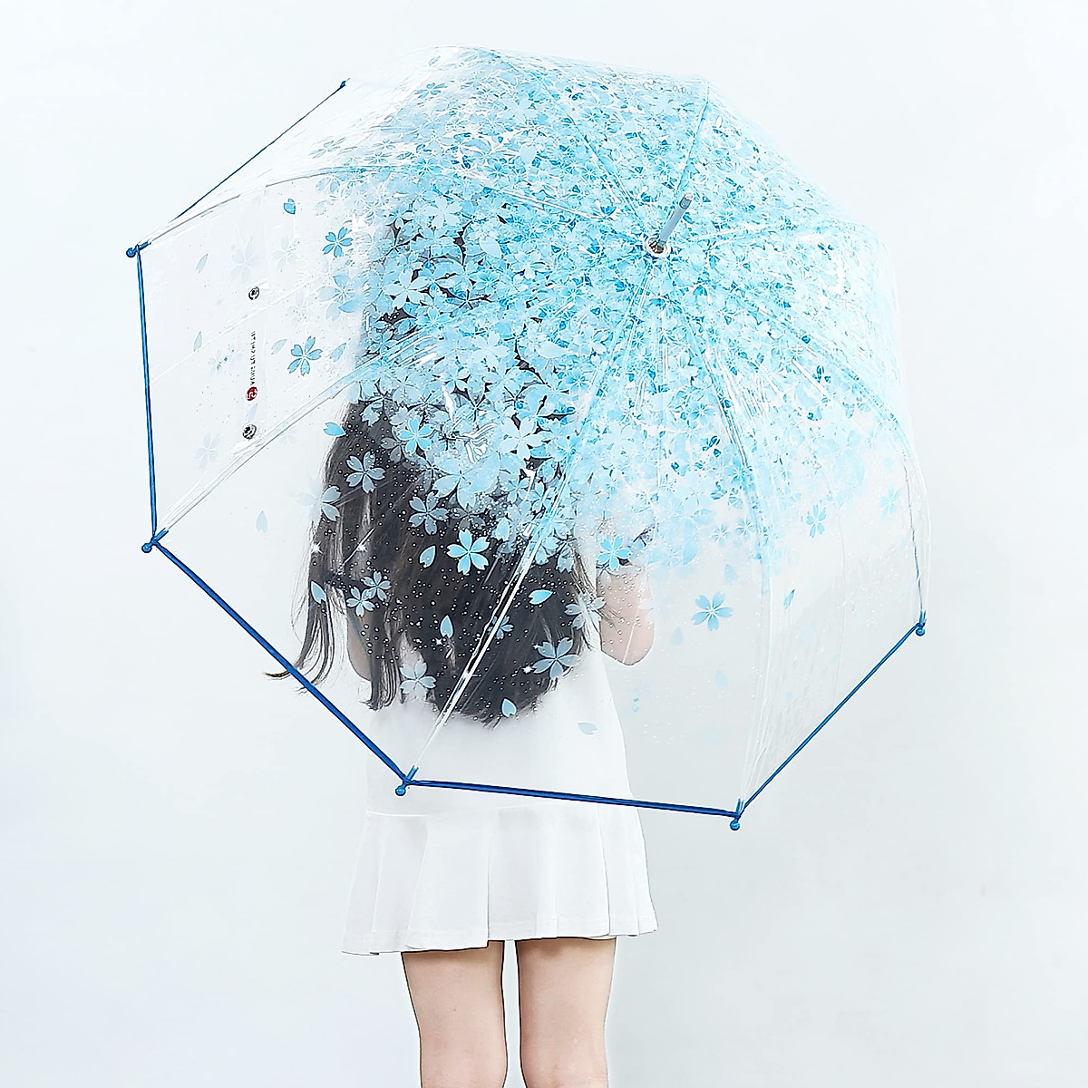 Kung Fu Smith Women Half Automatic Clear Flower Bubble Dome Shape Wind Stick Rain Umbrella, Blue