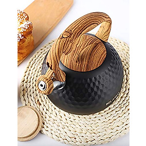 Tea Kettle, 2.7 Quart / 3 Liter BELANKO Stainless Steel Tea Kettles for Stove Top, Food Grade Teapot with Wood Pattern Handle Loud Whistling for Coffee, Milk etc, Gas Electric Applicable - Black