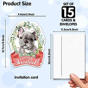 RZHV 15 Pack French Bulldog & Floral Shaped Fill-In Invitations Cards With Envelopes for Boys Girls Adults Dog Lover, Funny Baby Shower Birthday Bridal Shower, Wedding Party Invite
