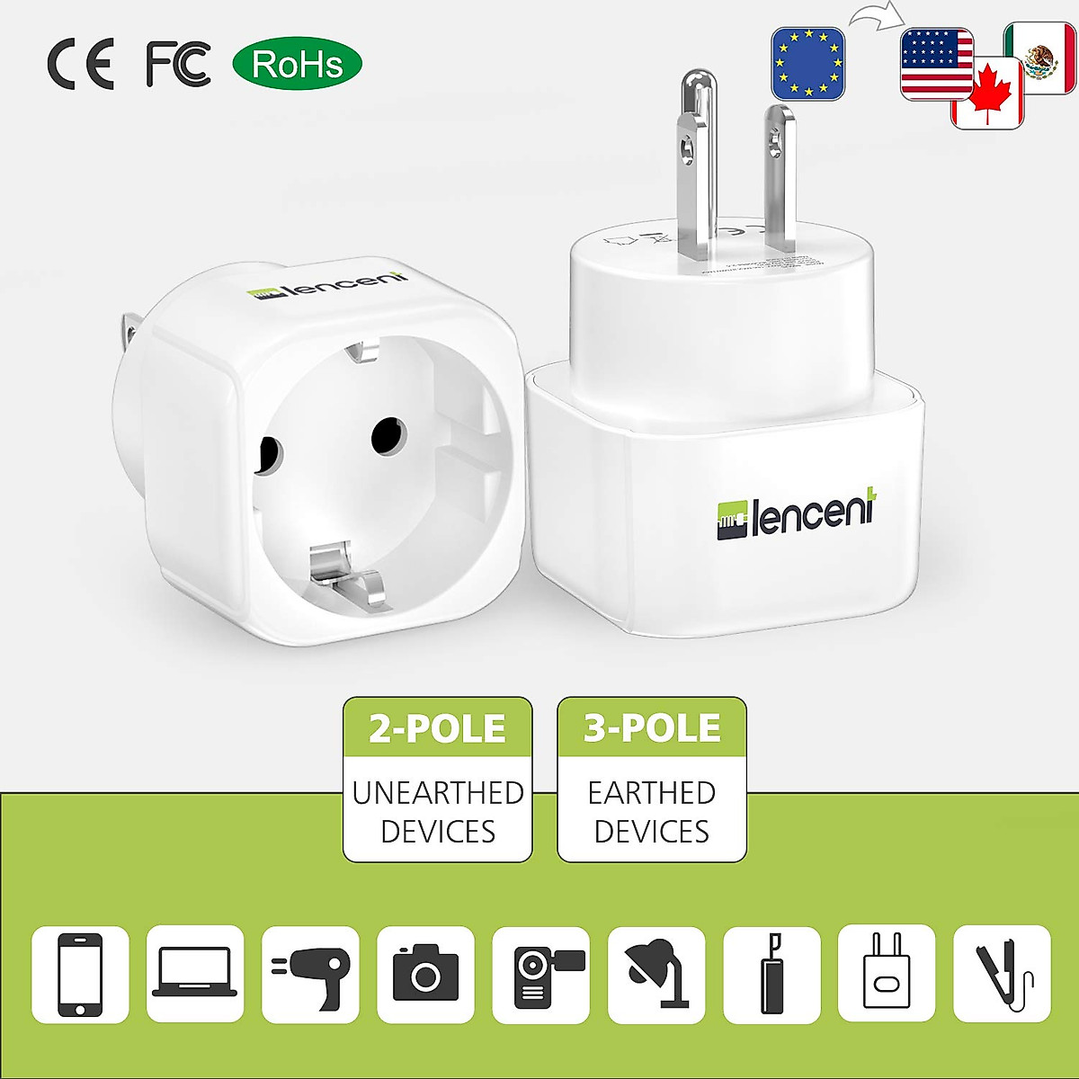 LENCENT 2 Pack Europe to US Plug Adapter,European to USA Adapter, American Outlet Plug Adapter, EU to US Adapter, Europe to USA Travel Plug Converter