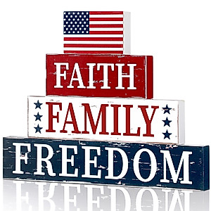 Chunful 4 Pieces 4th of July Wooden Block Patriotic American Wood Sign Independence Day Tiered Tray Decorations Patriotic Wood Decor for Home Table Decoration, 4 Sizes
