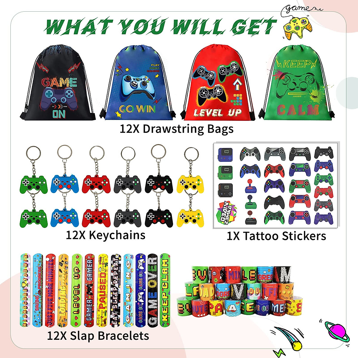 61 Pcs Video Game Party Favors, Gamer Party Favors Bags Includes 12 Pcs16 x 13 Inch Video Game Party Drawstring Bags Slap Bracelets Keychains Tattoo Stickers for Kids Gaming Party Favors