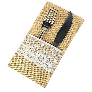 FQTANJU 10 PCS 4"x8.5" Hessian Burlap Lace Wedding Cutlery Holder Pouch Rustic Decorations Favor (10 PCS) (10 Pcs Natural Color)