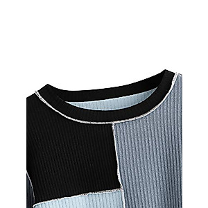 SheIn Women's Patchwork Color Block Crop Top Tees Long Sleeve Round Neck Ribbed Knit T Shirt Blue and Black Small