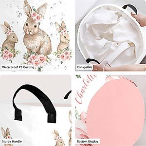 Personalized Laundry Basket Hamper,Floral Bunny Rabbit,Collapsible Storage Baskets with Handles for Kids Room,Clothes, Nursery Decor