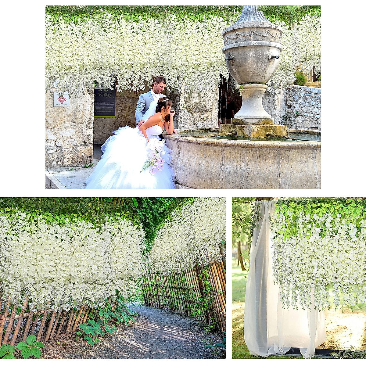 24 PCS Wisteria Artificial Flower 3.6 Feet Vine Ratta Hanging Garlands Silk Flowers String with 2 Pack Artificial Flowers Garland for Home Party Wedding Garden Outdoor Ceremony Greenery Wall White