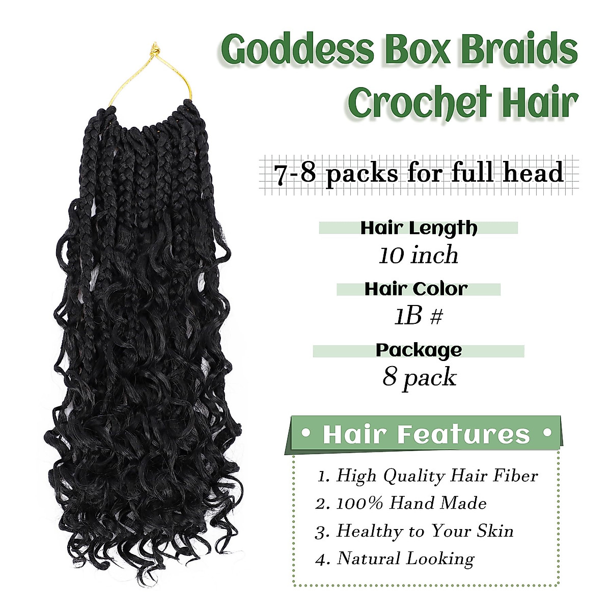 8 Packs Goddess Box Braids 10 Inch Pre-looped Bohemian Crochet Boho Box Braids With Curly Ends 3X Crochet Braids Hair for Women Synthetic Braiding Hair 16 Strands (#1B)