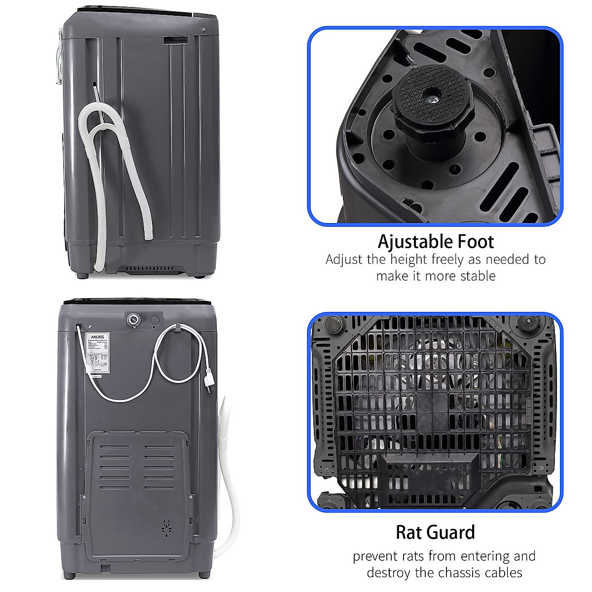 Anukis Fully Automatic Portable Washing Machine, 13 lbs Capacity Compact Laundry Washer with Drain Pump 10 Wash Program & 8 Water Levels for Apartment, Dorm, RV, Grey