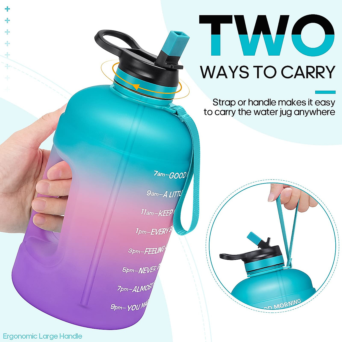 Large 74 oz/Half Gallon Motivational Water Bottle with 2 Lids (Chug and Straw), BPA Free Sports Drink Water Jug with Time Marker for Camping Sports Workouts and Outdoor Activity
