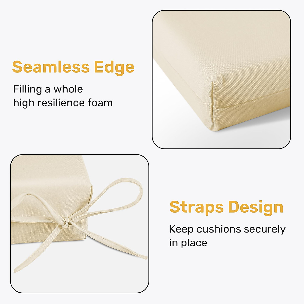 UNIKOME Outdoor Chair Cushions Pack of 4, Water Resistant Patio Cushions with Ties, High Density Sponge Filling Square Corner Seat Cushions for Outdoor Furniture, 18.5"x16"x3", Beige