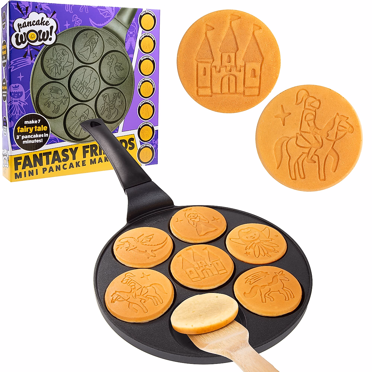 CucinaPro Fantasy Friends Mini Pancake Pan - Nonstick Griddle for Breakfast Magic, Featuring a Princess Castle & More, 7 Unique Flapjacks