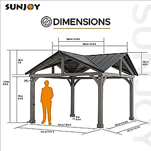 Sunjoy 13.5 x 13.5 ft. Hardtop Gazebo Outdoor Patio Black Steel Gazebo with LED Lights, AC Outlet, USB Port and A 3-Meters Universal Power Supply Cable, Black