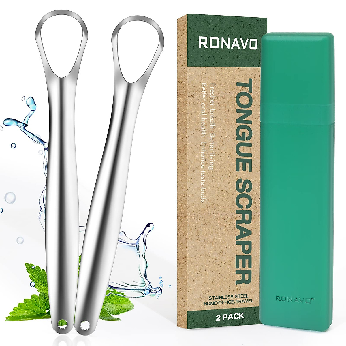 RONAVO Tongue Scraper for Kids & Adults, Tongue Cleaner for Small Mouth, Fights Bad Breath, Metal Tongue Scraper for Oral Hygiene Routine, with Handy Case for Travel/Home/Office