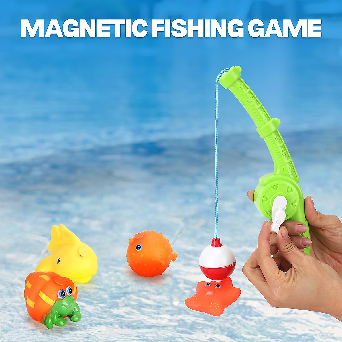 Magnetic Toddler Bath Toys - Kids Fishing Pool Game Set of 2 Fishing Poles, 8 Rubber Sea Animals, & Net - Water Toys with Mesh Organizer Bag
