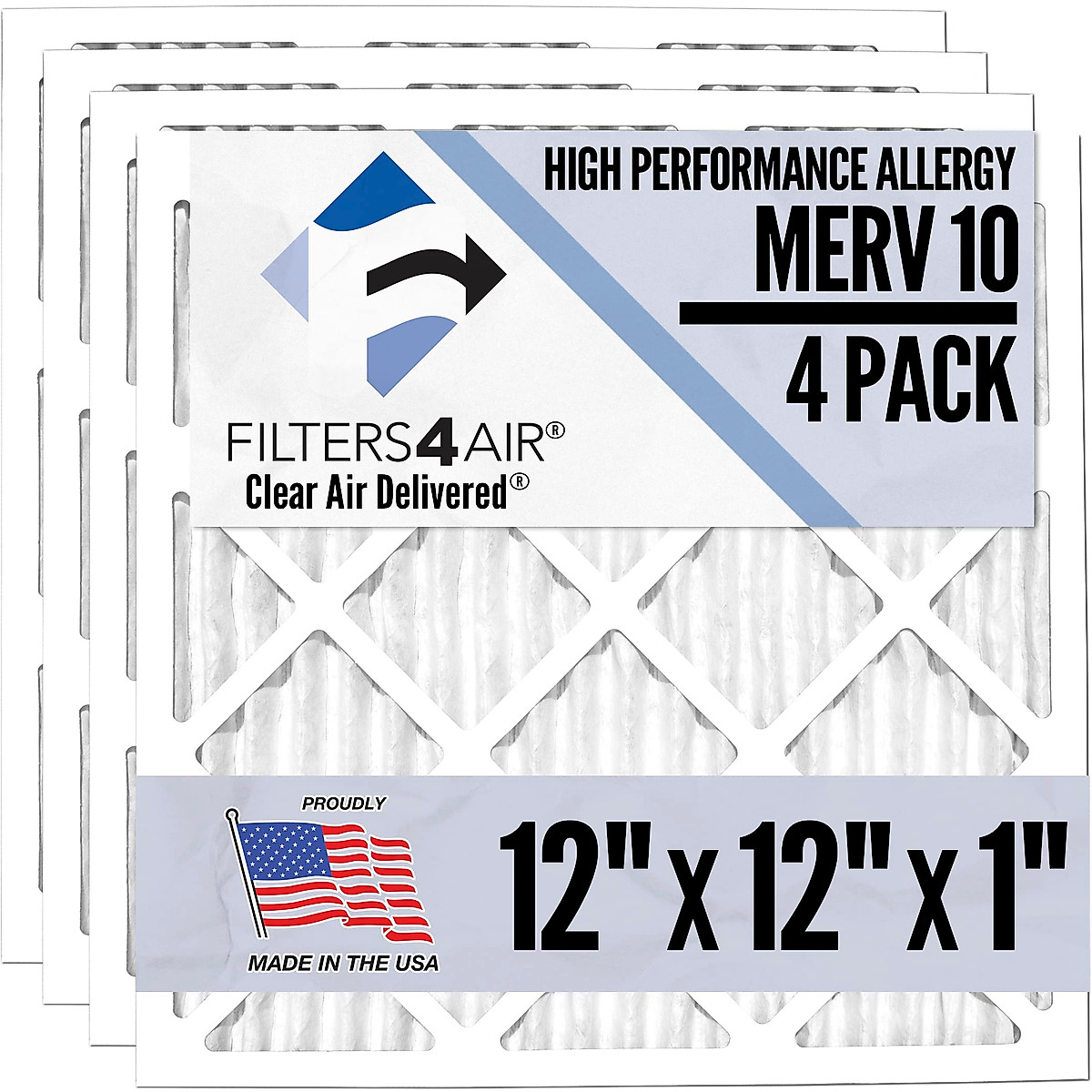 FILTERS4AIR Air Filters 12x12x1, Air Conditioner Replacement Filters - (4 Pack, MERV 10) - Pleated HVAC Air Filter, 1-3 Micron Particles Defense 1 Count (Pack of 4)