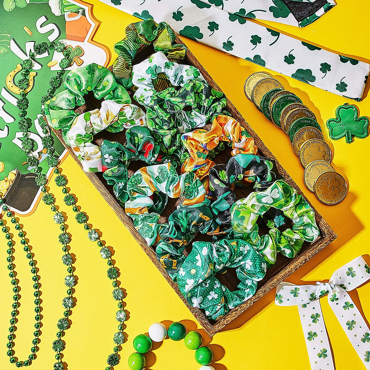 24 Pieces St. Patrick's Day Scrunchies Hair Ties Shamrock Hair Scrunchies Hat Rainbow Hair Scrunchy Elastic Hair Band Hair Rope for St. Patrick's Day Decoration Women Girls, 12 Styles