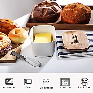 Ceramics Butter Dish with Wooden Lid- Large Covered Butter Holder for Countertop, Butter Keeper Container Perfect for Holds 2X 4oz West/East Coast Butter, White