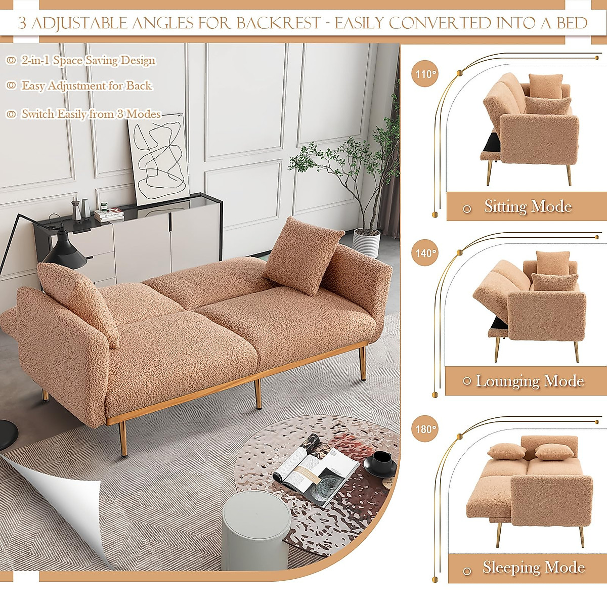 Convertible Futon Sofa Bed, Upholstered Loveseat Sleeper Couch with 3 Reclining Angles and 2 Pillows, Modern Living Room Sofa Couch with 5 Solid Metal Legs for Guest Room, Office, Camel Teddy